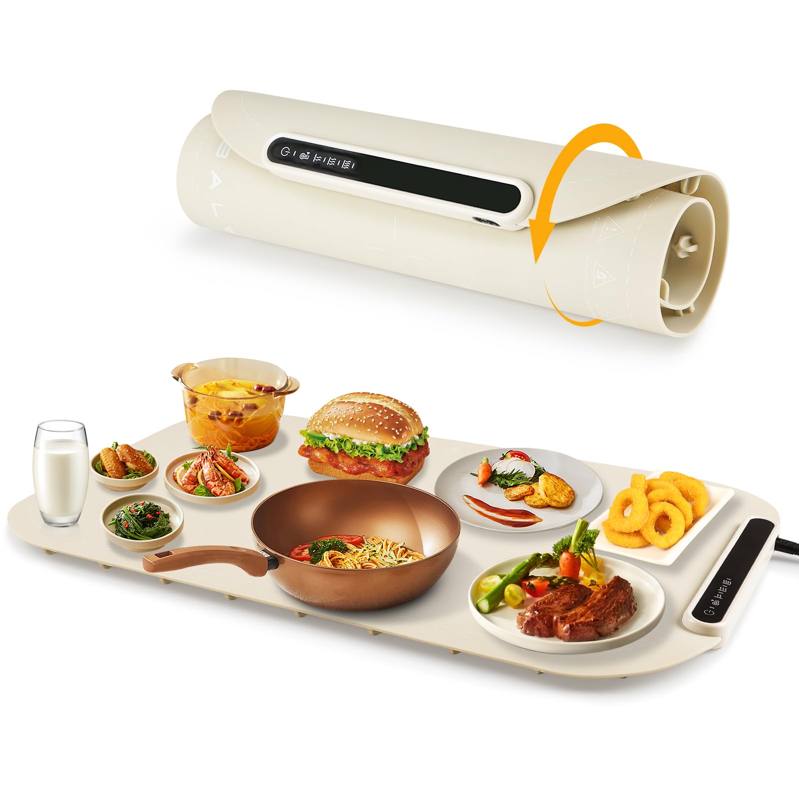 UBALANCE Electric Warming Tray Food Warmer Mat, Full Surface Silicone Heating Pad, 3 Adjustable Temperature Foldable Portable Hot Plate for Buffets Party Daily Use Gathering Catering (Beige)