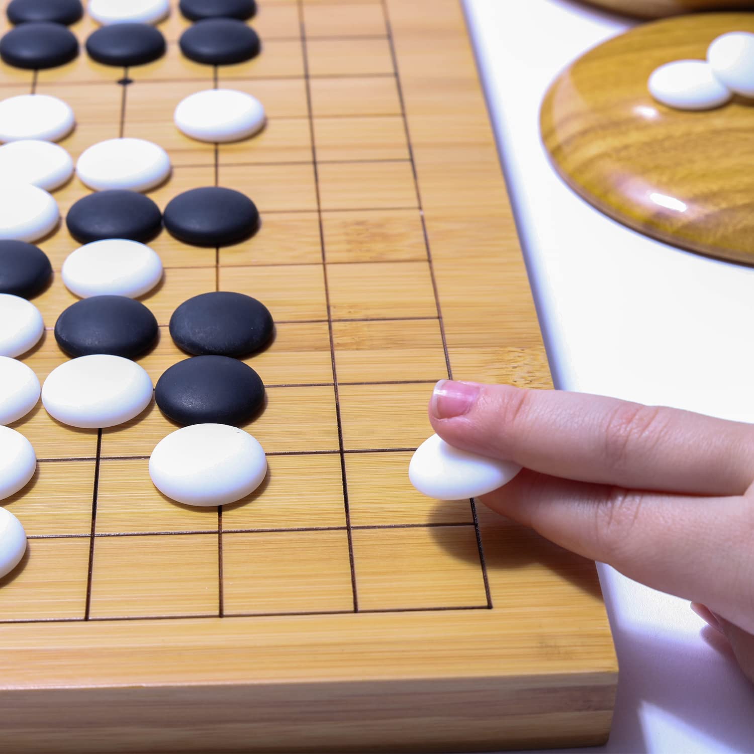 RNK Gaming Go Game Set with Reversible Bamboo 19 x 19/13 x 13 Etched Grid Board, Bamboo Bowls, & Single Convex Melamine Stones