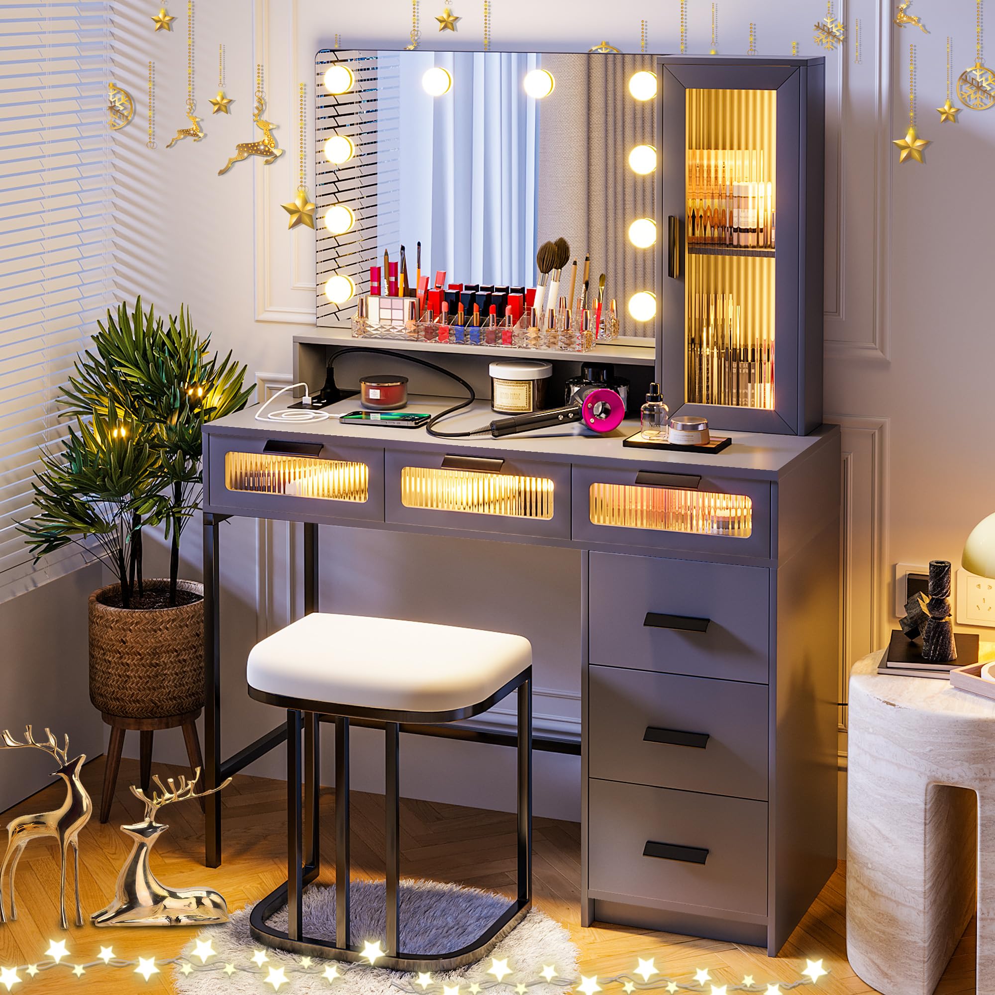 HNEBC Makeup Vanity with Lights, Vanity Makeup Desk with Charging Station,Vanity Table Set with LED Mirror, Vanitys with 6 Drawers/Stool, with Senser Mode Dressing Table, Grey