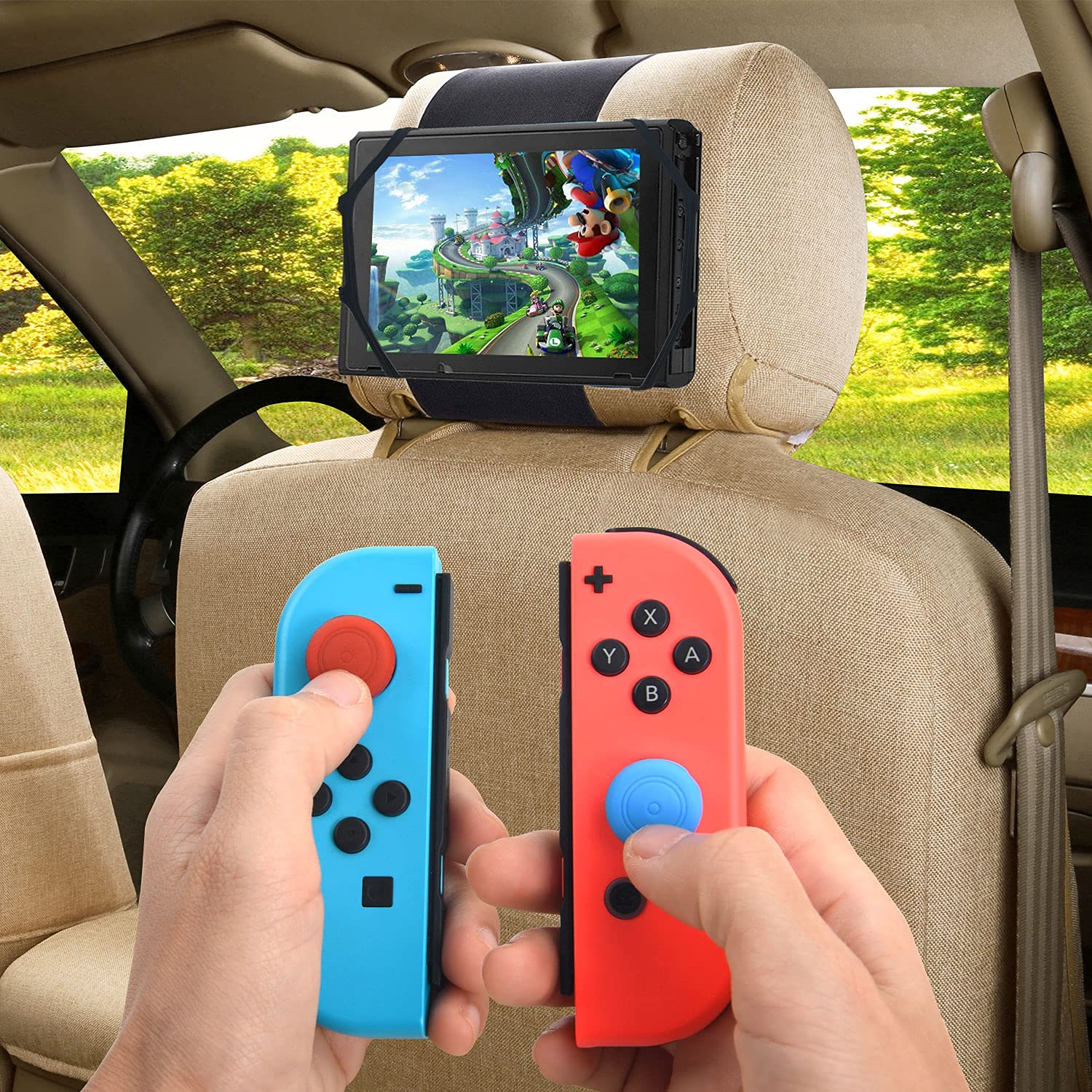 LONANDY Tablet Holder for Car, iPad Holder for Car Backseat Kids, Headrest Tablet Holder with Anti-Slip Strap & Silicone Holding Net, Angle-Adjustable/Fits All 7-12.9" Tablets