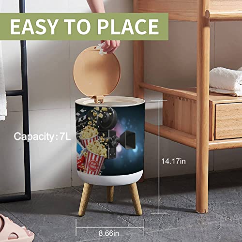 Small Trash Can with Lid Illustration for the film industry Popcorn camera glasses tickets and Garbage Bin Round Waste Bin Press Cover Dog Proof Wastebasket for Kitchen Bathroom Living Room 1.8 Gallon