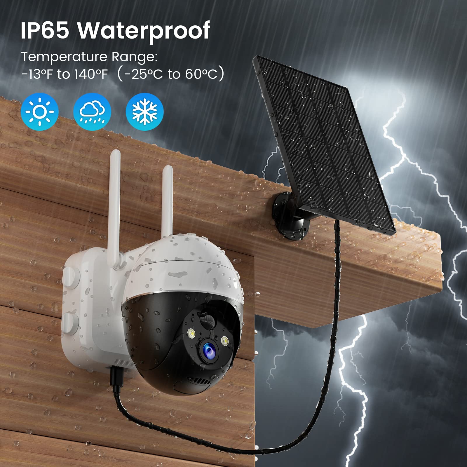Solar Security Camera Outdoor, 2K Color Night Vision, 2.4Ghz WiFi 360° PTZ Camera, Battery Powered Camera for Home Security, PIR Human Detect with Spotlight, 2-Way Talk, IP66, SD/Cloud