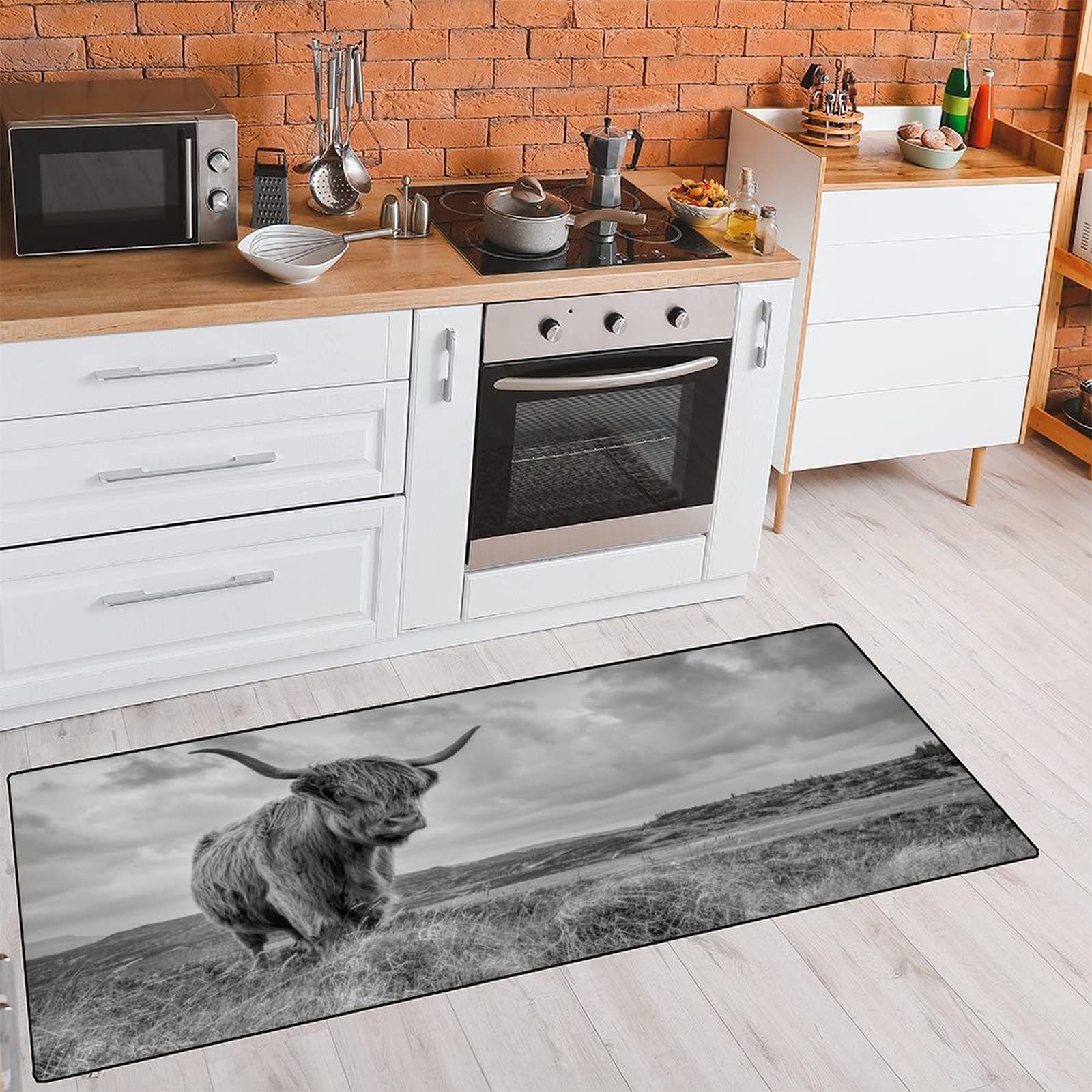 MoBlinko Highland Cow Kitchen Rugs Scotland Cattle Non Skid Bath Mat 39x 20 Inch Washable Standing Floor Mat Runner Carpet for Bathroom Home Office Farmhouse Laundry