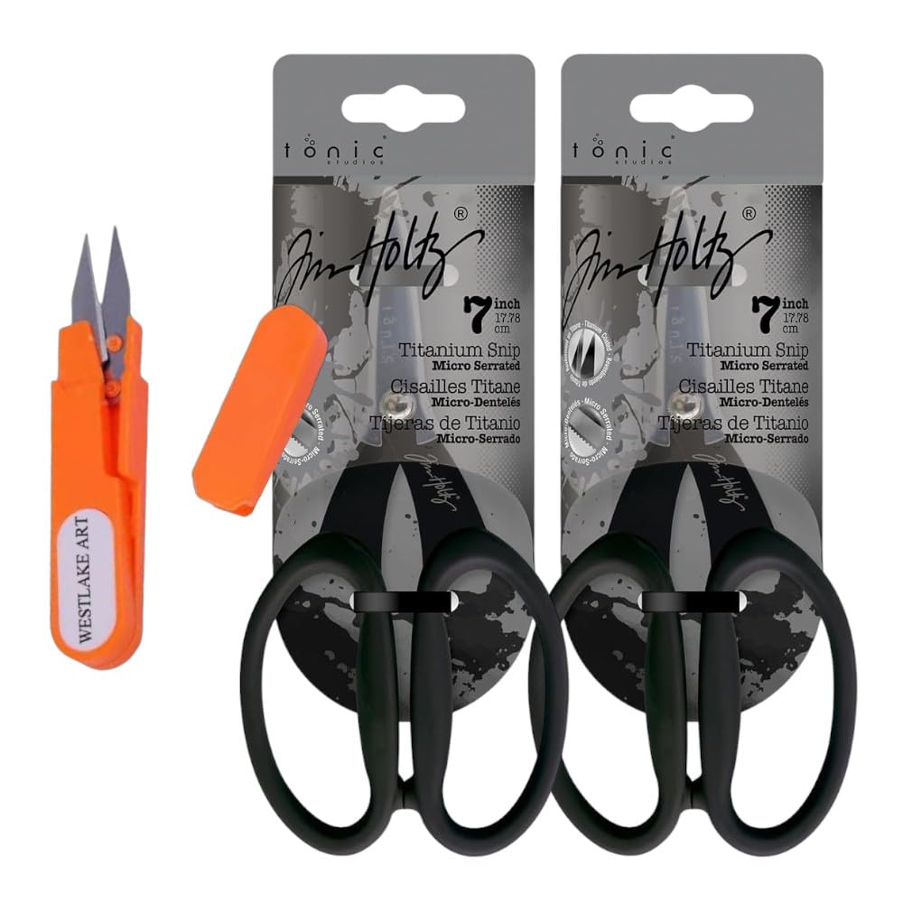 Tim Holtz Scissors - Titanium Detail Scissors For Paper Crafting | Bundled With Embroidery Scissors - Non-Stick 7 Inch Scissors For School, Crafts, Sewing ~ [Pack Of 2]