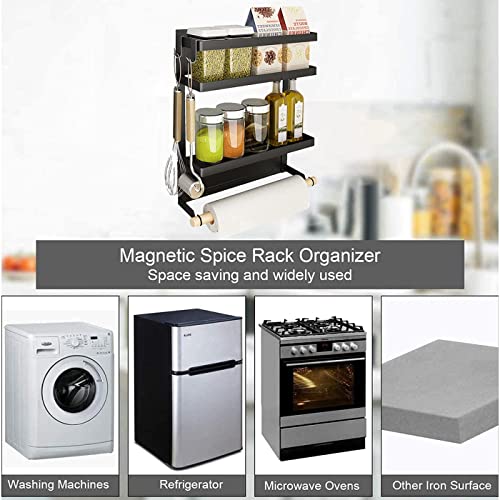 VIAV Magnetic Spice Rack with Paper Towel Holder for Refrigerator with 2-Tier Shelf Spice Rack Strong Magnetic Backing with 3 Hooks for Kitchen Storage,Refrigerator,Freezer,Grill Silver