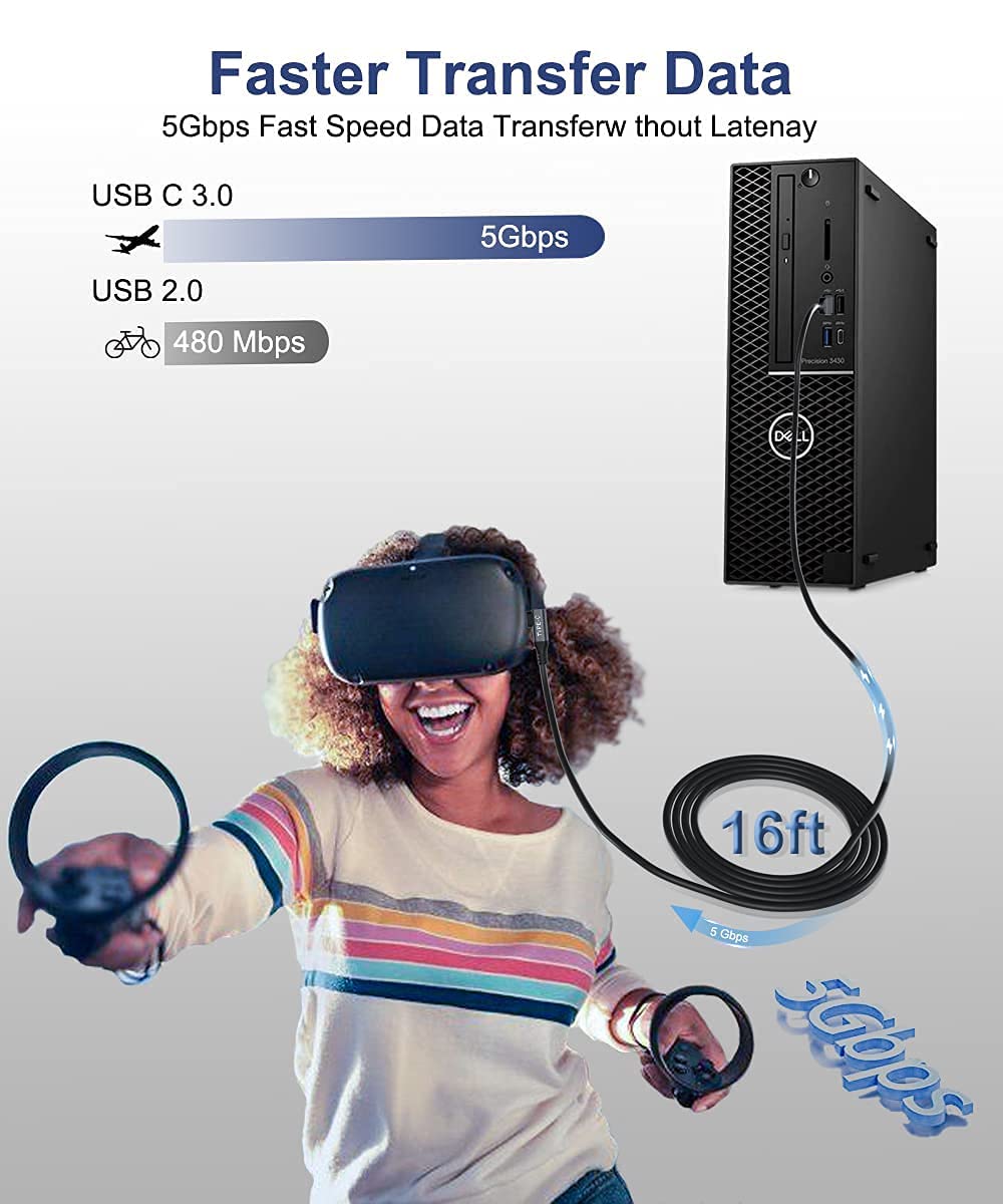 Long Oculus Quest 2 Link Cable,TPE Oculus Link Cable 5M, 5GBps Data Transfer, Cable for PC Connect VR Games with New Oculus Quest 2 and Quest All-in-One Virtual Reality Headset