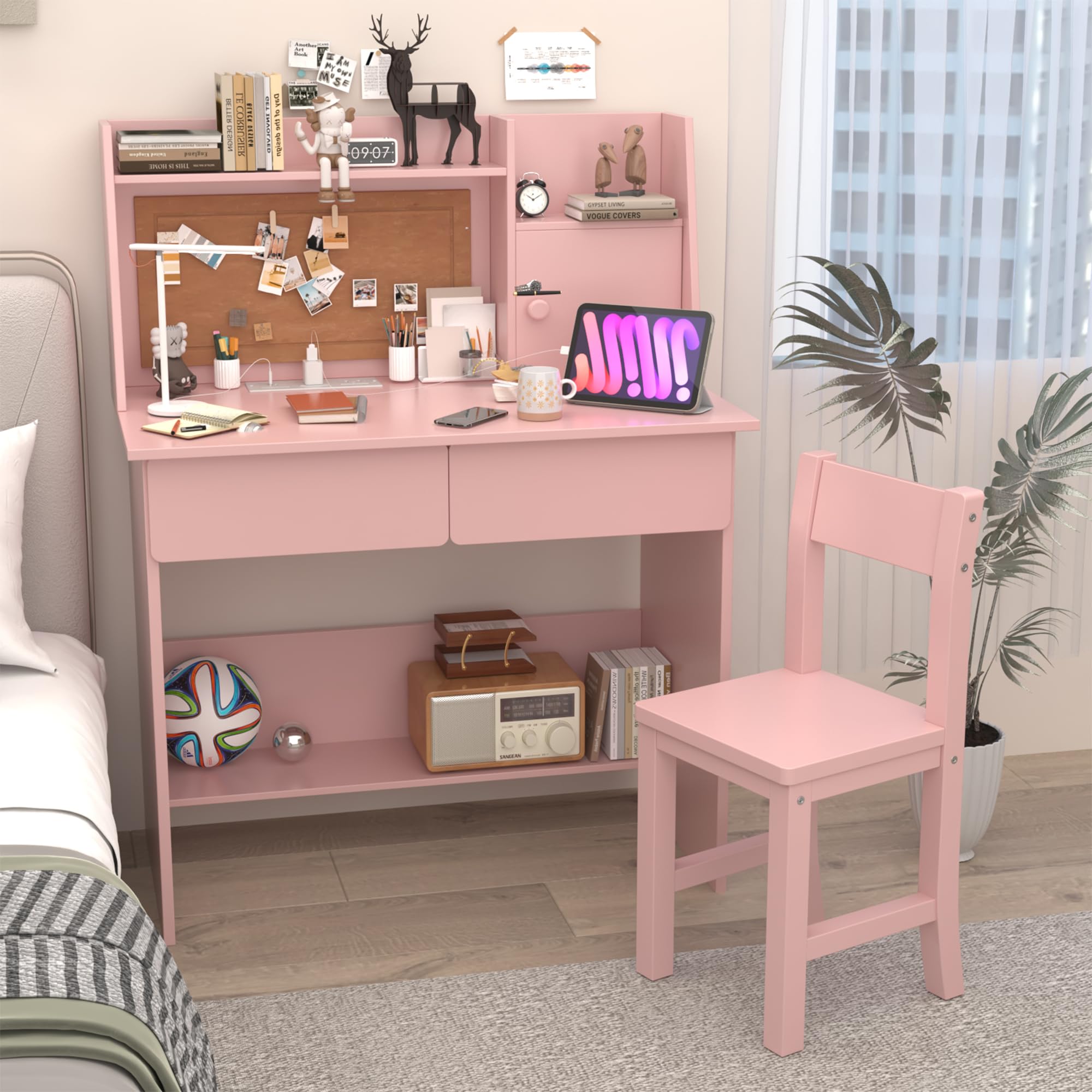 SFDOU Pink Kids Desk and Chair Set for 5-12 Year Old, Childrens Computer Desk with Drawers and Storage Shelf, Kids Study Table with Charging Station
