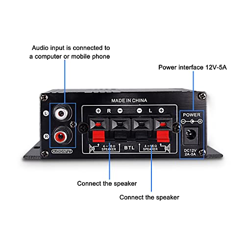 XMSJSIY 12V HiFi Stereo Audio Amplifier for Car 2 Channel HiFi Bass Audio Subwoofer Amp for Cars CD DVD MP3 Player Speakers