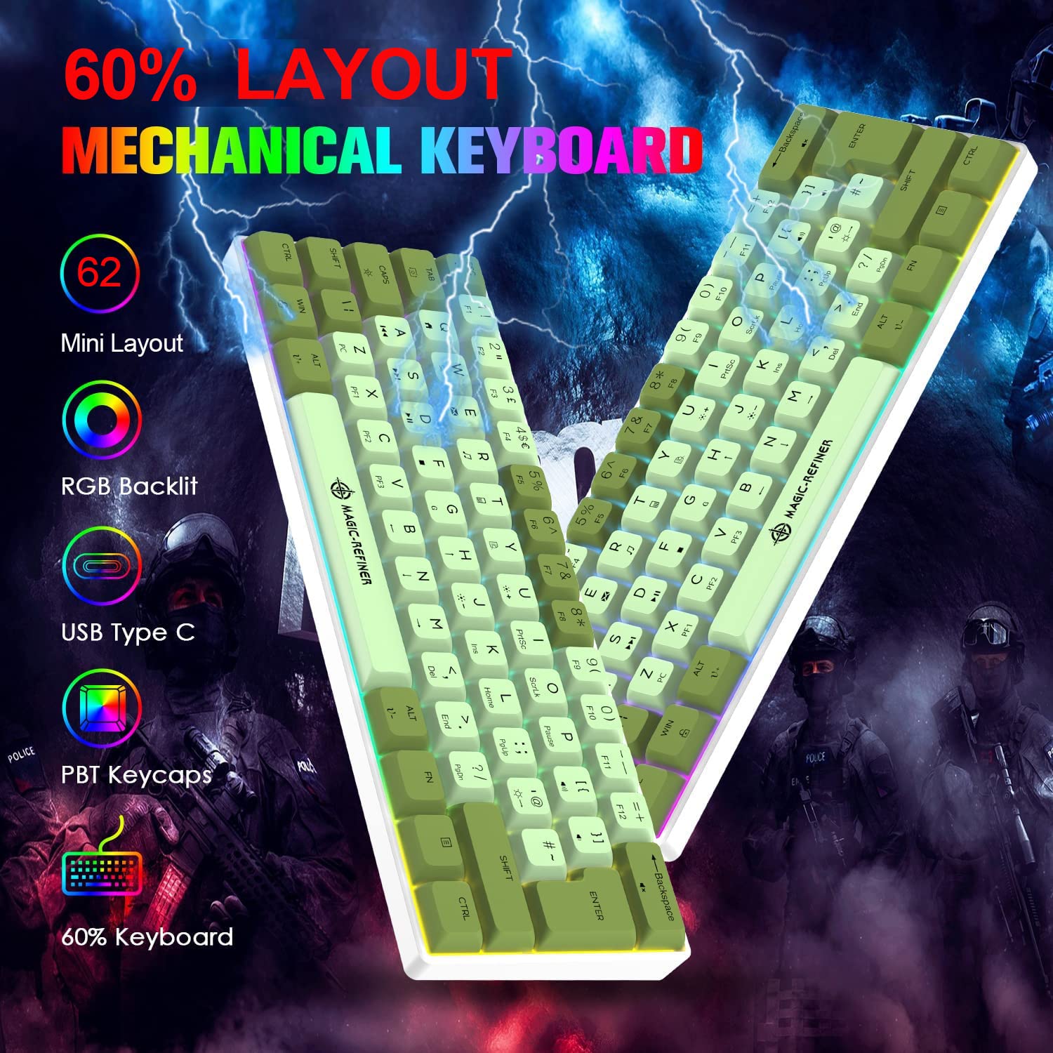 Small Mechanical Gaming Keyboard Type-c Wired with PBT Dye-subbed Keycaps Rainbow RGB Backlit 60% Layout Full Anti-Ghosting 62 Key Ergonomic for Typist Laptop PC Mac Gamer (Green Mix/Red Switch)