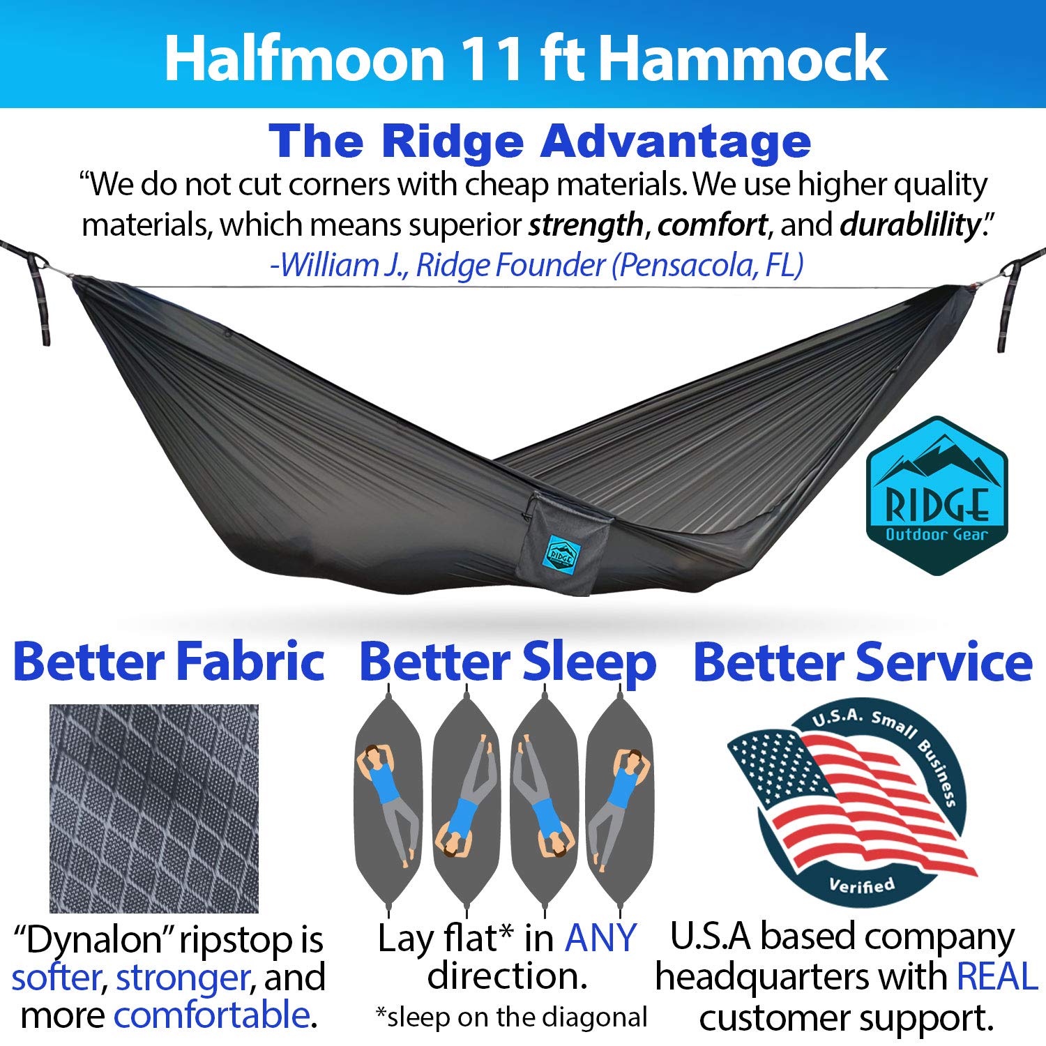 Lay-Flat Halfmoon 11 ft Hammock with Structural Ridgeline for Camping Sleeping Ultralight for Backpacking Hiking