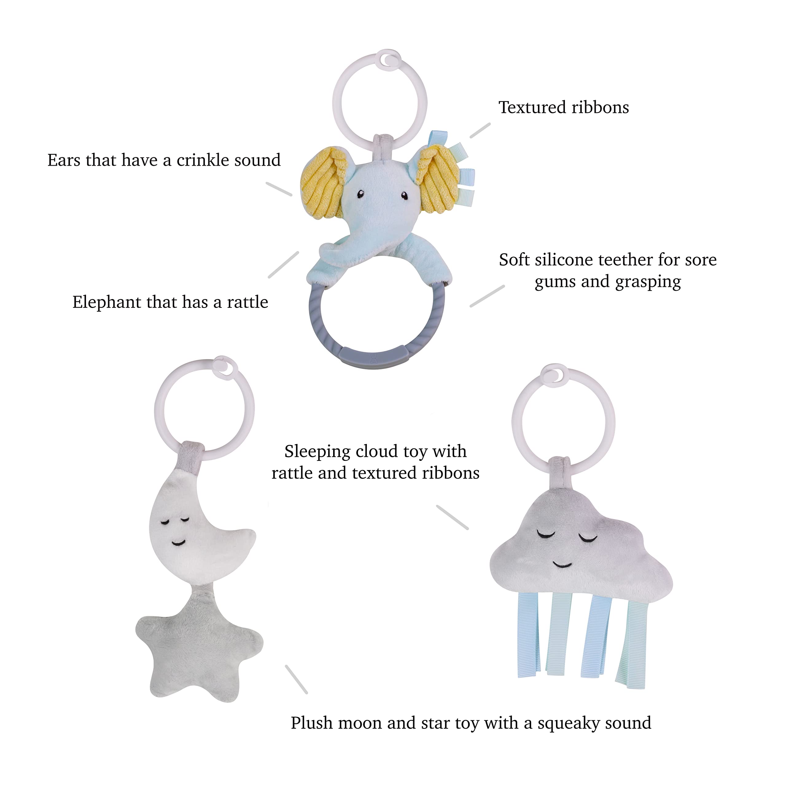 Reesy Bear Spiral Activity Toy for Car Seat, Stroller, Crib, or Play Gym; Features Hanging Plush Toys for Babies with Silicone Teether, Rattles, Crinkle Sounds, Squeaker, & Textured Ribbons - Sky Blue