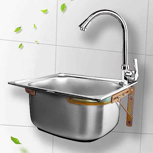 Stainless Steel Wall Mounted Commercial Restaurant Sink, Single Bowl Kitchen Sinks with Drainer Unit and Tap, Multipurpose Vanity Basin for Garage Restaurant Laundry Room Outdoor,50x40cm