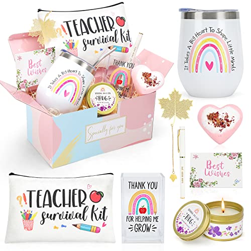 Teacher Appreciation Gifts Basket With Pouch Bag, Bookmarks, Pen Holder, Pen, Candle, Bath Bomb, 12oz Wine Tumbler for Women, Christmas / Back to School Gifts