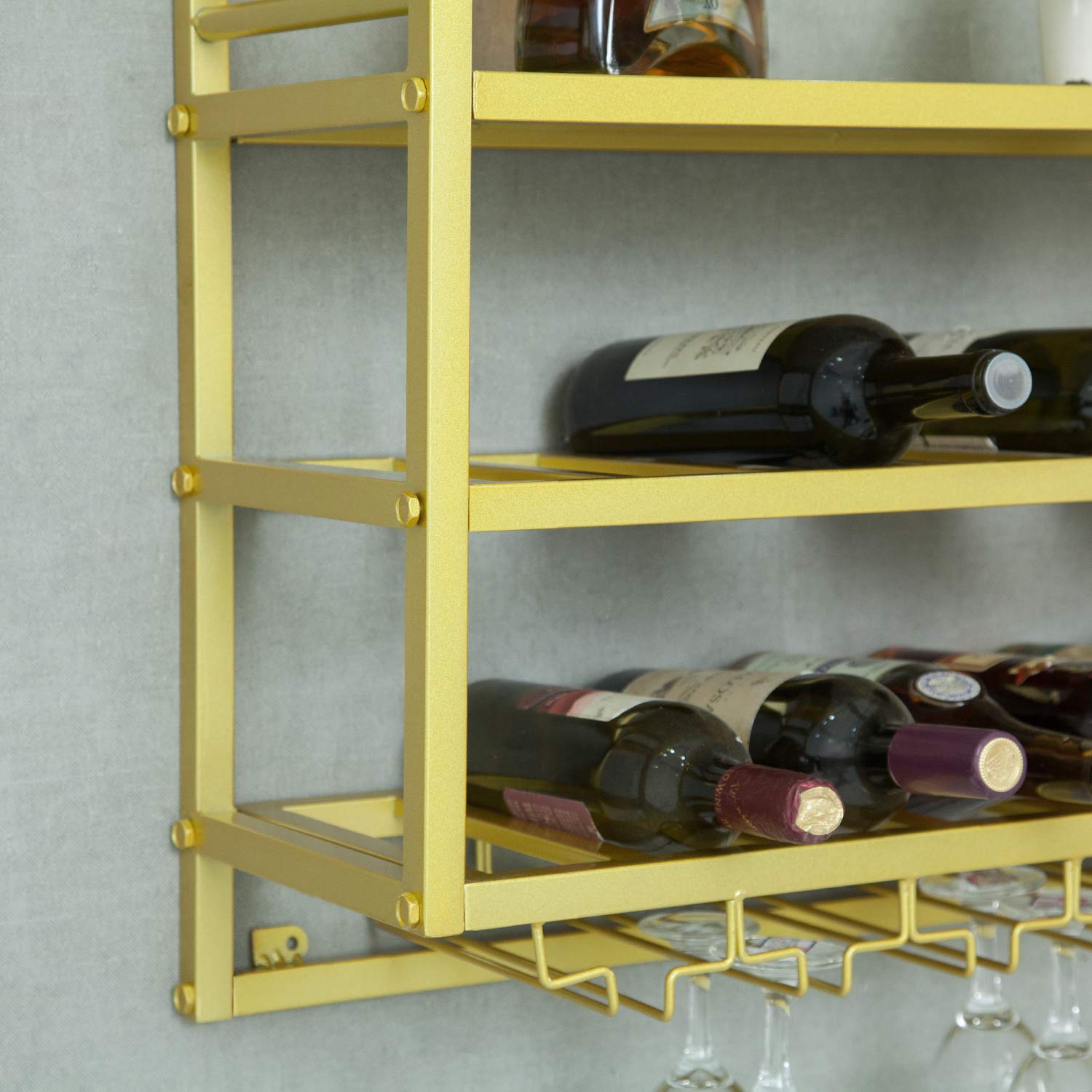 Modern 3-Tier Wall-Mounted Wine Rack, 20 Bottles and Glass Holder, Metal Wine Storage Rack Organizer, Wine Display Shelf for Home Kitchen Bar Restaurant (L: 31.5'', Gold)