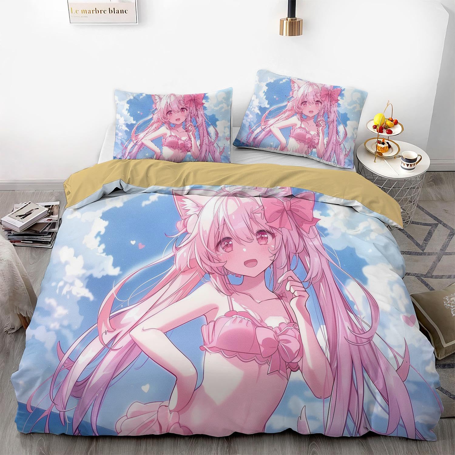 RWSEFK Anime Girl Duvet Cover, Kawaii Pink Girl Bedding Set(1 Duvet Cover + 2 Pillowcases), Soft and Comfortable, Cute Girl Bedroom Decoration Duvet Cover (Color4,Twin 68x86in + 20x30in*2)