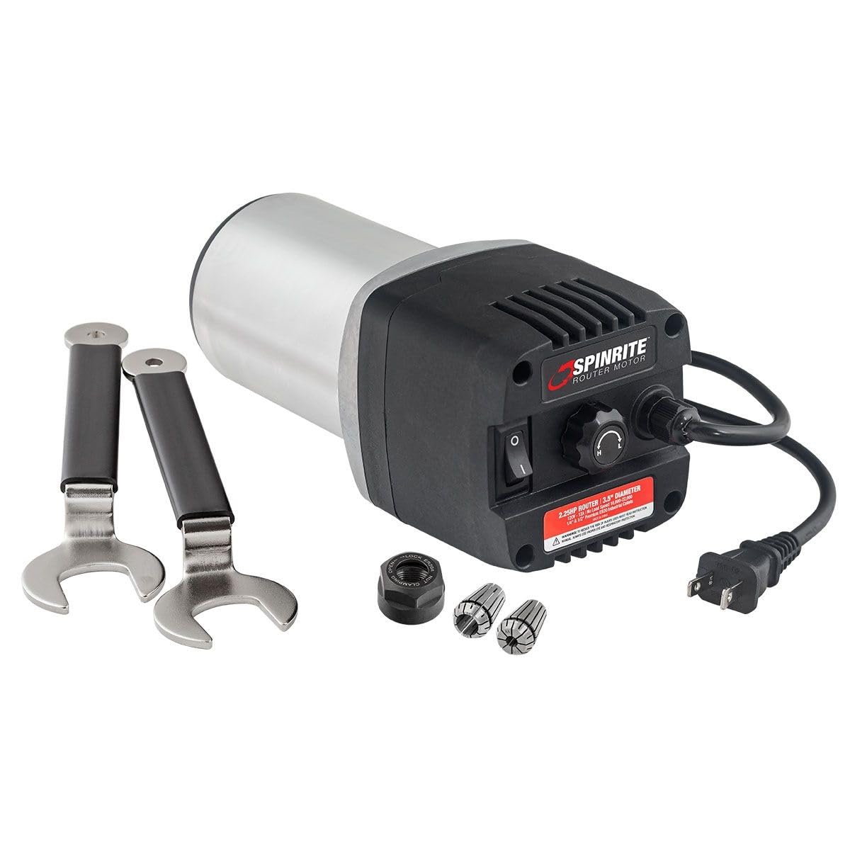 SpinRite Router Motor for Router Lifts and CNC, 2.25HP, Soft Start, Variable Speed, Easy Mount 3.5" Body, Includes Pair of ER20 Collets (1/2" & 1/4"), Collet Nut, Offset Wrench Set
