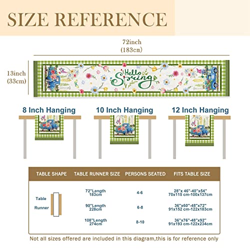 Spring Table Runner, Hello Spring Table Runners 72 Inches Long, Blue Truck with Gnomes Seasonal Runner, Flowers Blossoms Green Buffalo Plaid Small Coffee Table Cloth for Home Dining Room