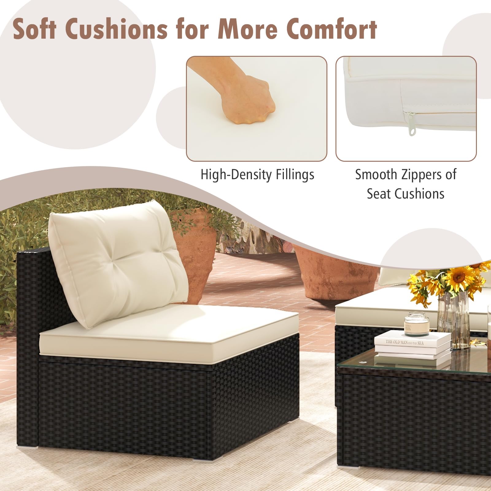 Tangkula 5 Piece Rattan Sofa Set, Patiojoy Outdoor Wicker Furniture Set with Seat & Back Cushions, Square Coffee Table, Patio Sectional Sofa Set for Backyard, Poolside, Garden