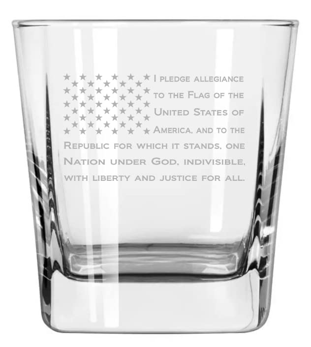 MIP Brand 12 oz Square Base Rocks Whiskey Double Old Fashioned Glass American Flag Pledge Of Allegiance