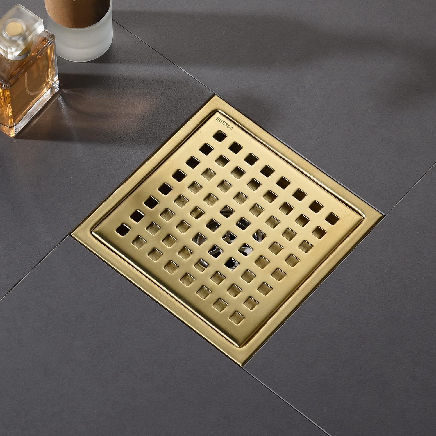 SISEHO 6 Inch Shower Drain Brushed Nickel Square With Adjustable Shower Drain Base Flange SUS304 Stainless Steel Floor Drain Cover Removable Mesh Grille