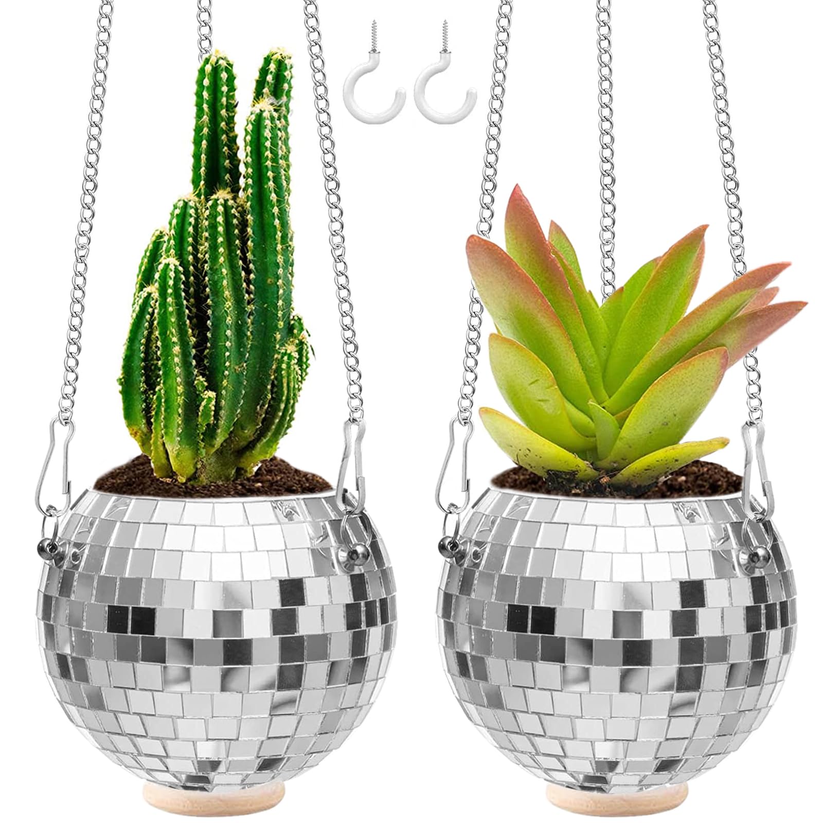 ORIKASO 2 Pcs 4" Disco Ball Planter with Chain - Mirror Ball Flower Succulents Pots - Home Boho Hanging Planter - Ideal for Indoor and Outdoor Decorations