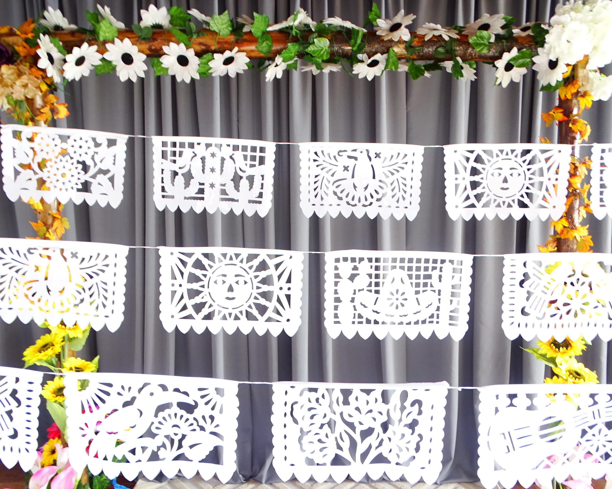 White Papel Picado Banner - Plastic Papel Picado Banner, garland, bunting, streamers - Fiesta Decorations - Mexican white Decorations for mothers day, bridal shower, weddings 5 pack/60 feet