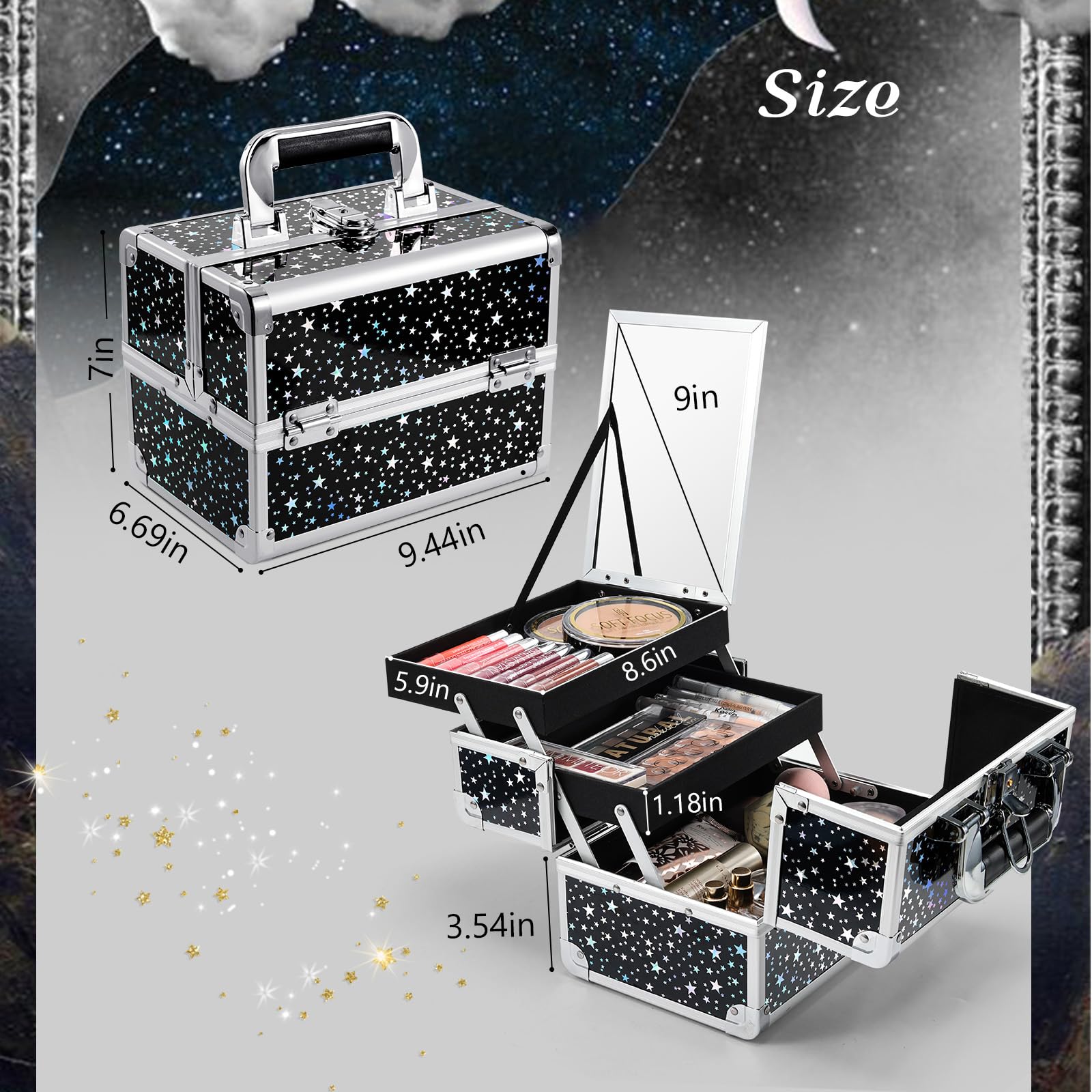 Joligrace Makeup Train Case Cosmetic Storage Jewelry Organizer Lockable with Keys and Mirror 2-Tier Tray Portable Carrying with Handle Travel Storage White Star