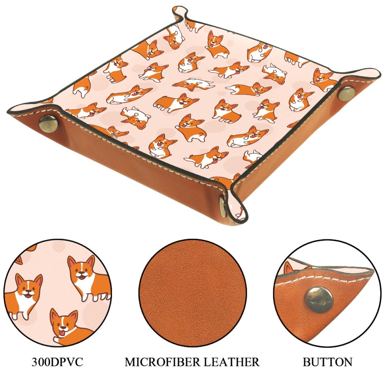 Pink Cute Corgi Folding Dice Tray PU Leather Dice Holder Rolling Trays for RPG Dice Gaming D&D and Other Table Games 8.1x8.1 Inches