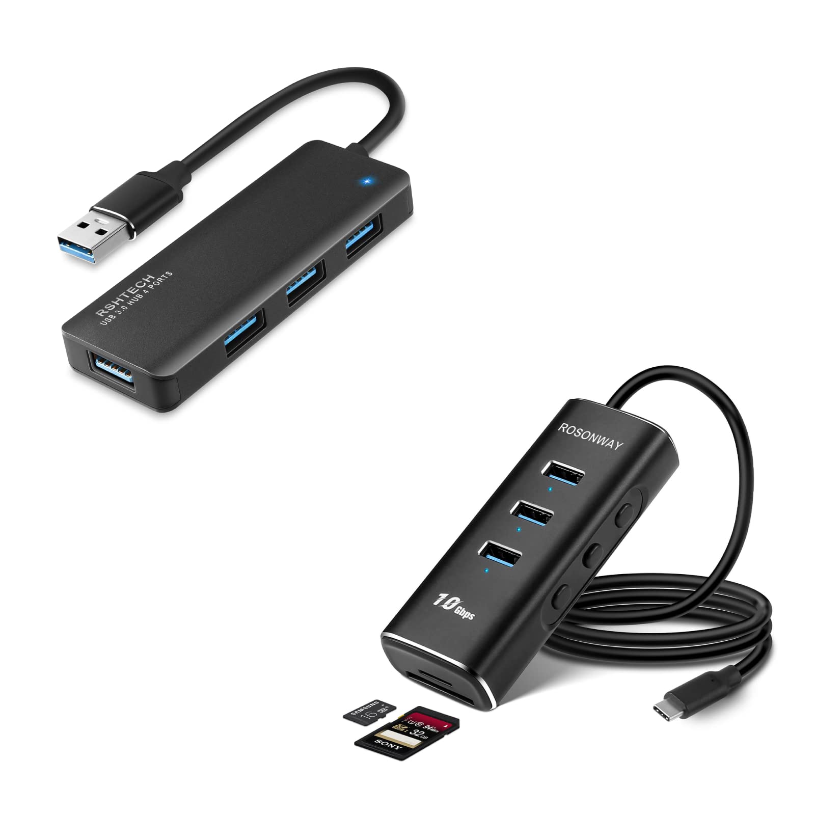 Rosonway 5 in 1 USB C Hub with 3 10Gbps USB 3.2 Data Ports, SD/TF Card Reader + Aluminum 4 Port Ultra Slim USB 3.0 Data Hub