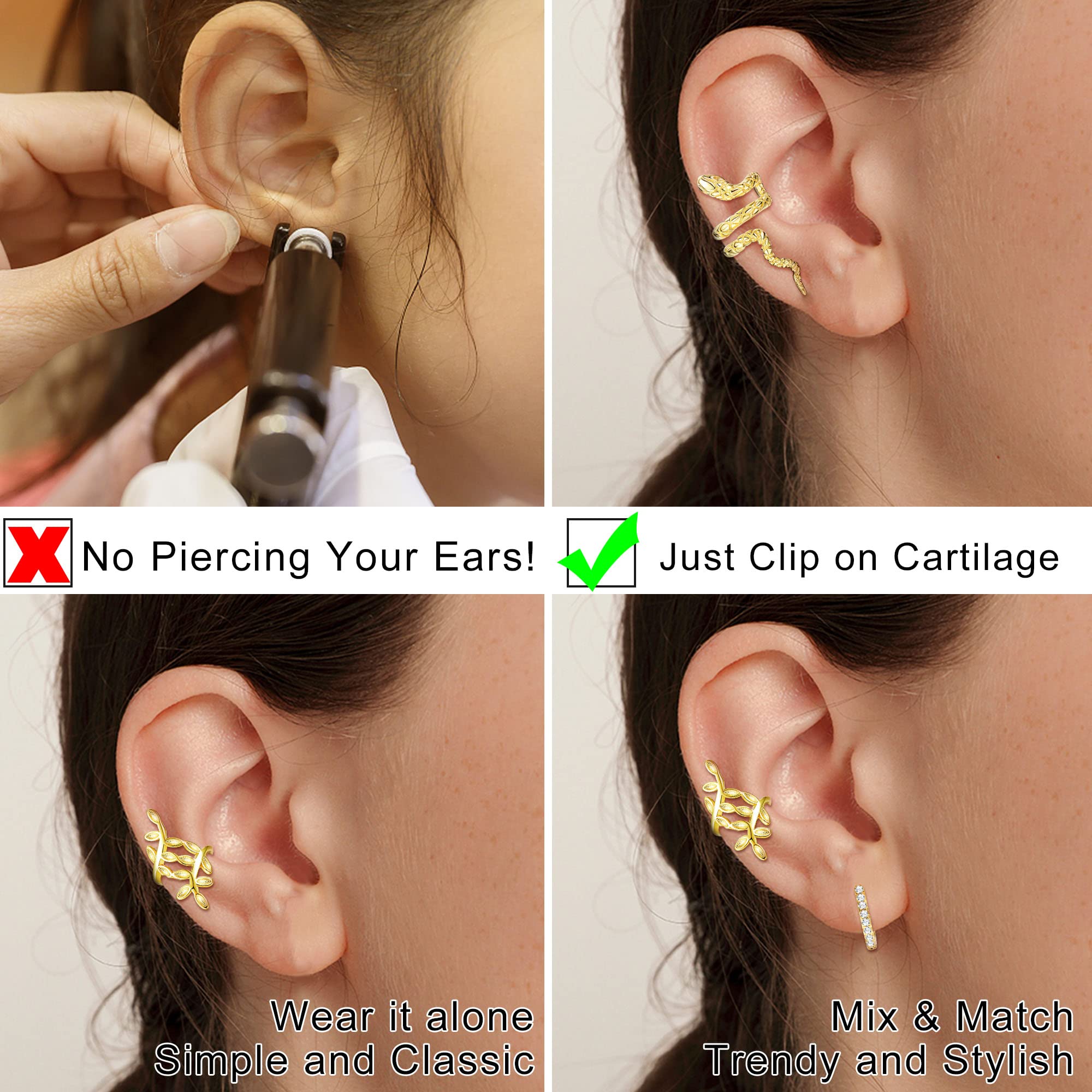 LOYALLOOK 23Pcs Ear Cuffs Earrings Set for Women 𝐍𝐨𝐧-𝐏𝐢𝐞𝐫𝐜𝐢𝐧𝐠 Cartilage Clip On Helix 𝐖𝐫𝐚𝐩 𝐄𝐚𝐫𝐫𝐢𝐧𝐠 𝐀𝐝𝐣𝐮𝐬𝐭𝐚𝐛𝐥𝐞 Snake Leaf Ear Clip 𝐅𝐚𝐤𝐞 𝐂𝐚𝐫𝐭𝐢𝐥𝐚𝐠𝐞 𝐄𝐚𝐫𝐫𝐢𝐧𝐠 Silver Tone