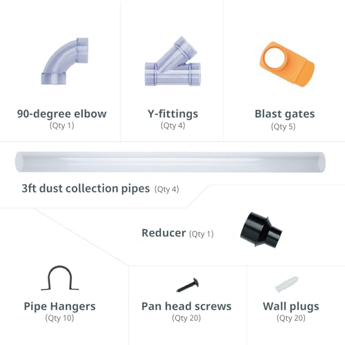 POWERTEC 70259 2-1/2" Dust Collection Fittings Network w/Reducer, Blast Gates, Pipes, 90-Degree Elbow Connector, Y-fittings, Mounting Brackets