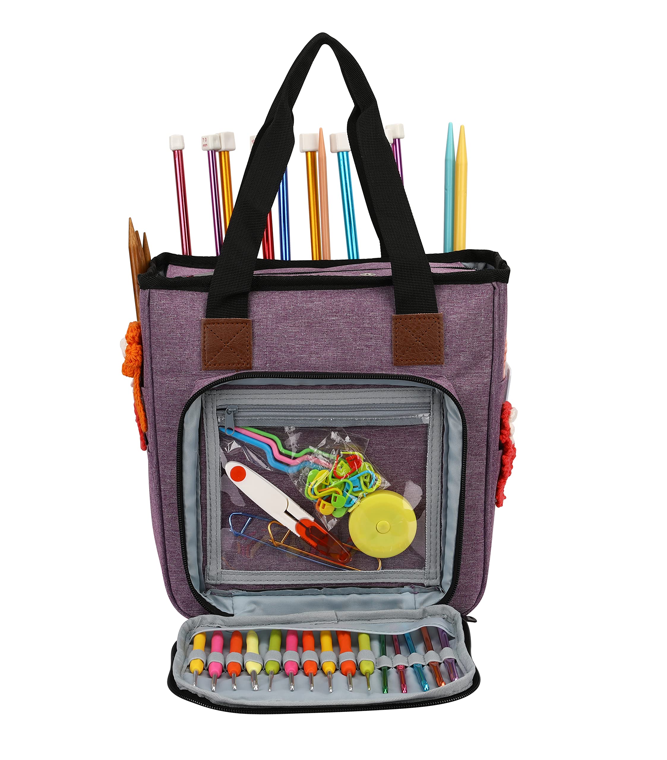 LOOEN Yarn Knitting Storage Tote-Large Capacity Crochet Organizer Portable Travel Bag with Shoulder Strap Crochet Hooks Case for Unfinished Bulk Project Purple