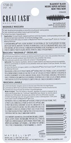 Maybelline Great Lash Washable Mascara, Volumizing Lash-Doubling Formula That Conditions As It Thickens, Blackest Black, 1 Count