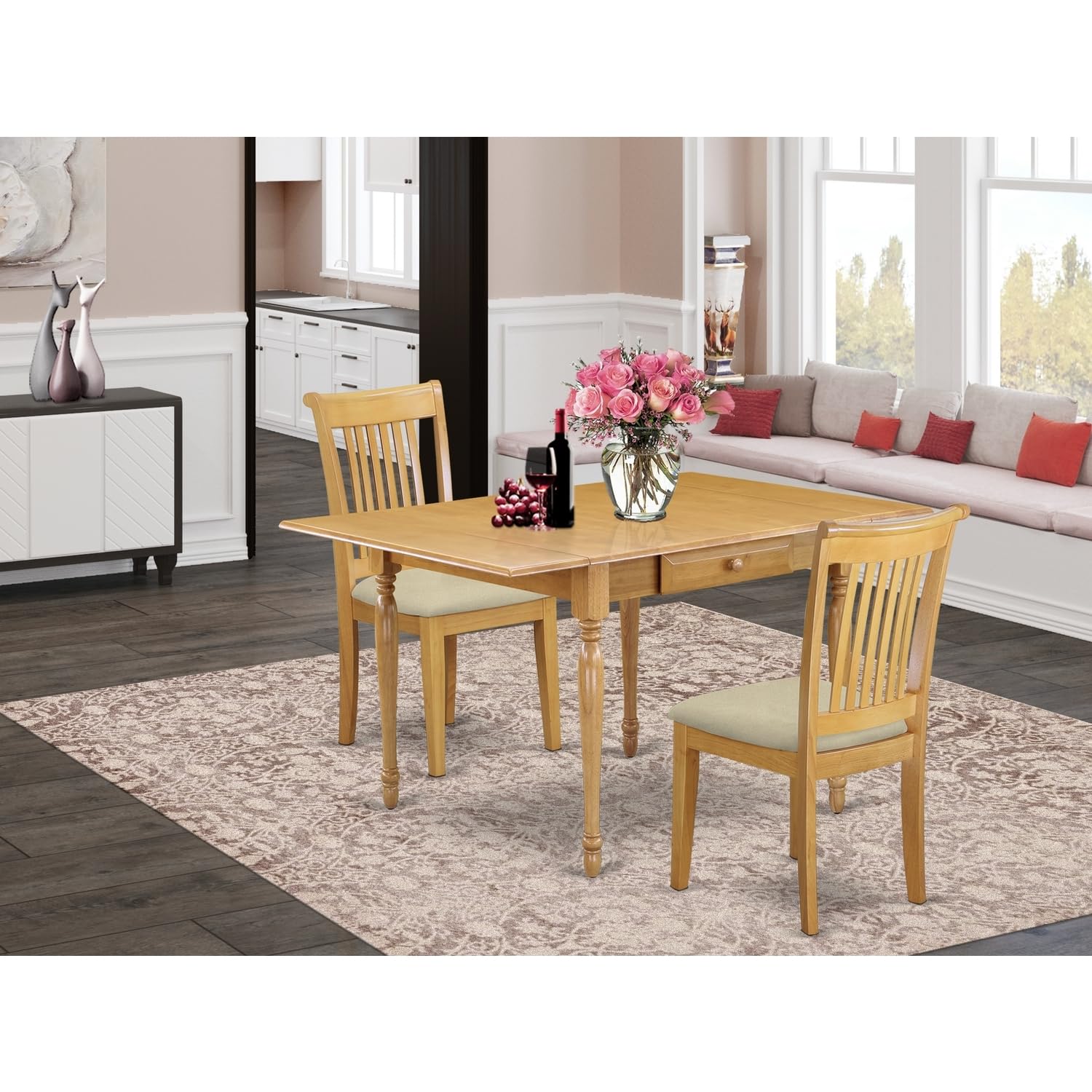 HomeStock Retro Renaissance 3 Pieces Dinette Set - Strong Two 9-Inch Drop Down Leaves Solid Wood Dining Room Table and 2 Linen Fabic Seat Kitchen Dining Chairs, Oak Finish