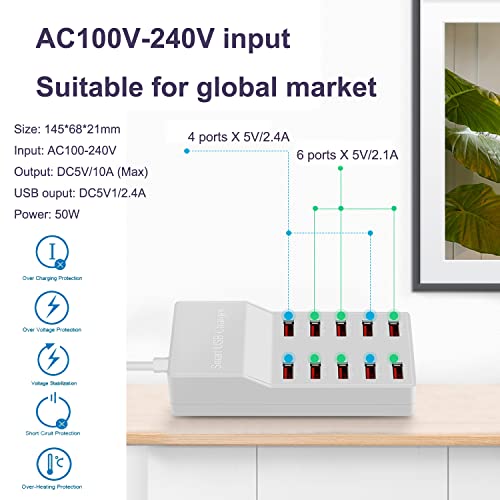 MaxLax USB Charger Station,10-Port 50W/10A Multiple USB Charging Station,Multi Ports USB Charger Charging for Smartphones,Tablets,and Other USB Devices.