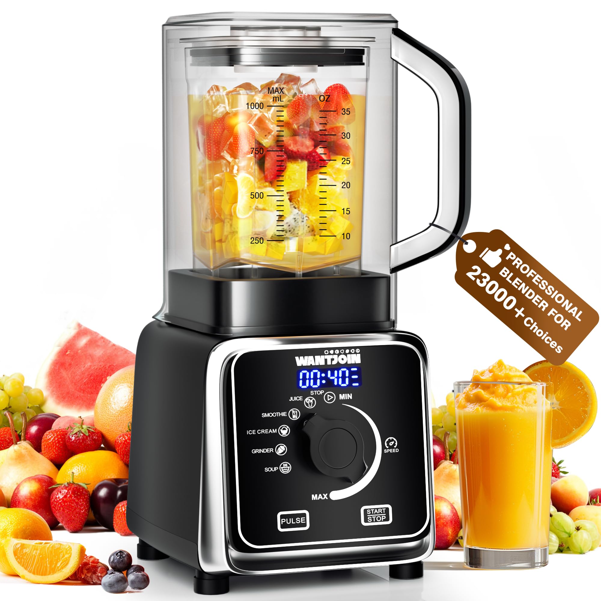 WantJoin Blender for Kitchen with Sound Shield Silent Blender Professional Countertop Quiet Blender Self-Cleaning Multifunctional for Milk Shakes Smoothie Juice Commercial Home 34Oz/1L Capacity