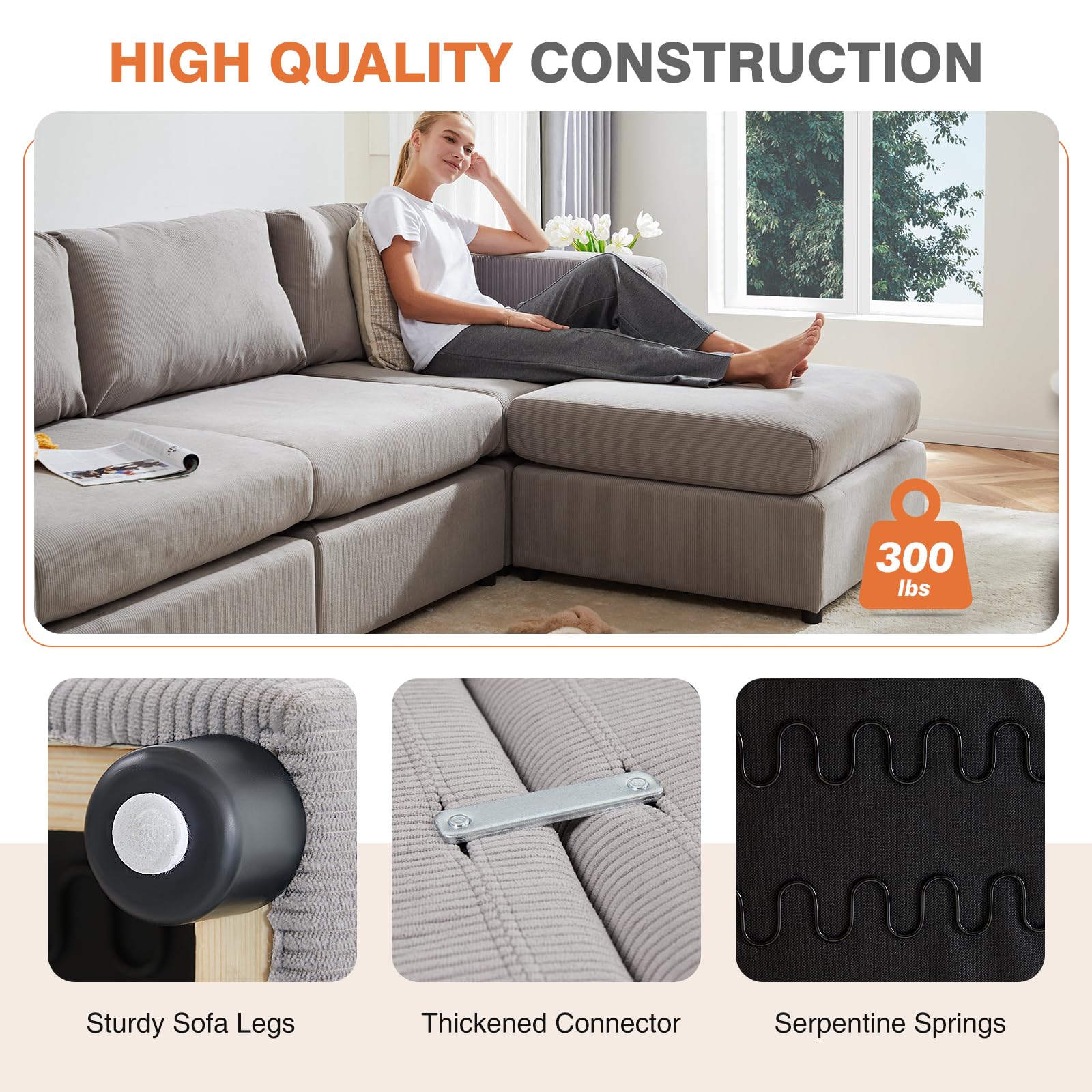 Sweetcrispy Convertible Modular Sectional Sofa, 8 Seat Sectional Couches for Living Room, U-Shaped Modern Fabric Modular Sofa Sleeper with Double Chaise for Home, Apartment, Grey