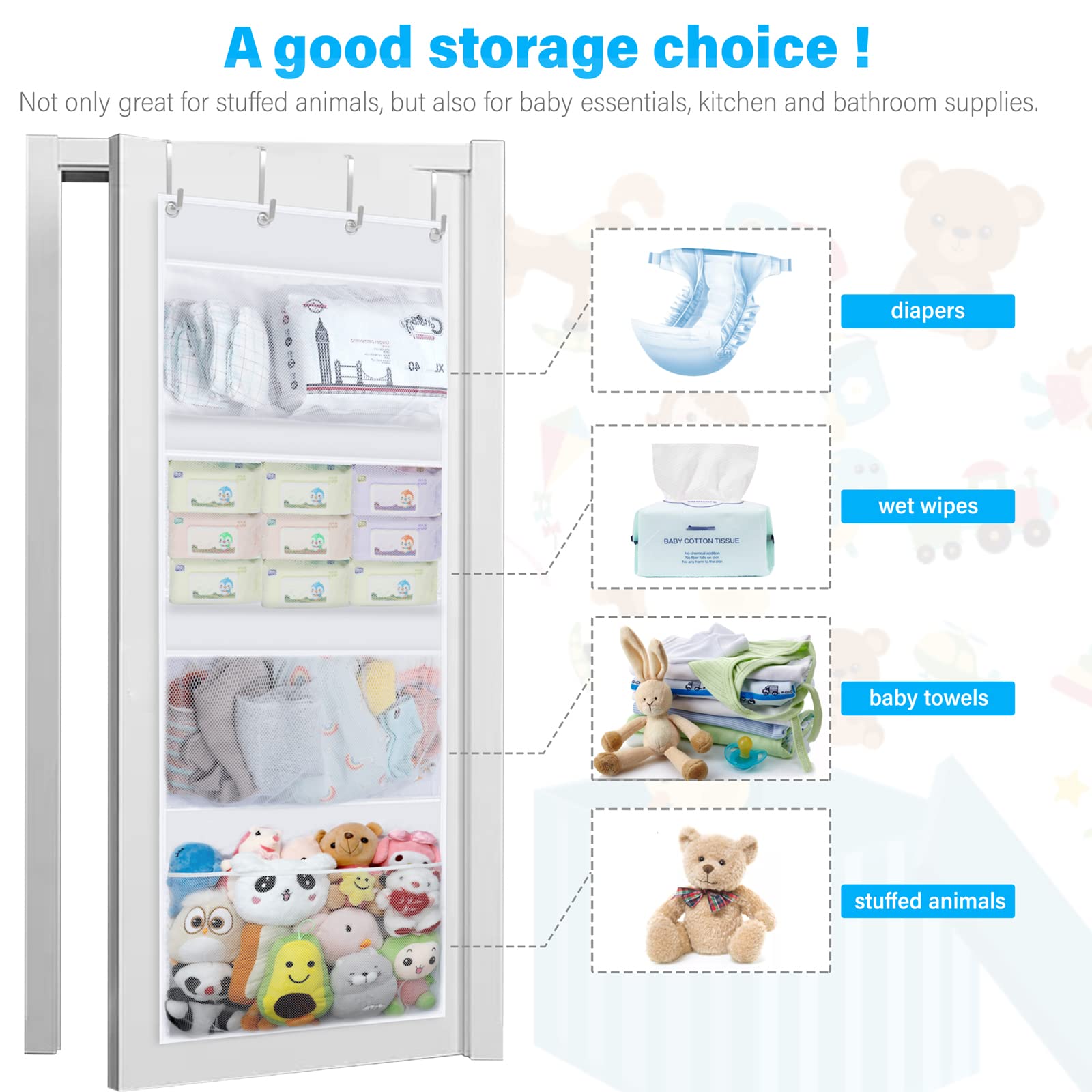 Roury Stuffed Animal Storage Over The Door Organizer Kids Room Storage Hanging Door Organizer Holder Net (white)