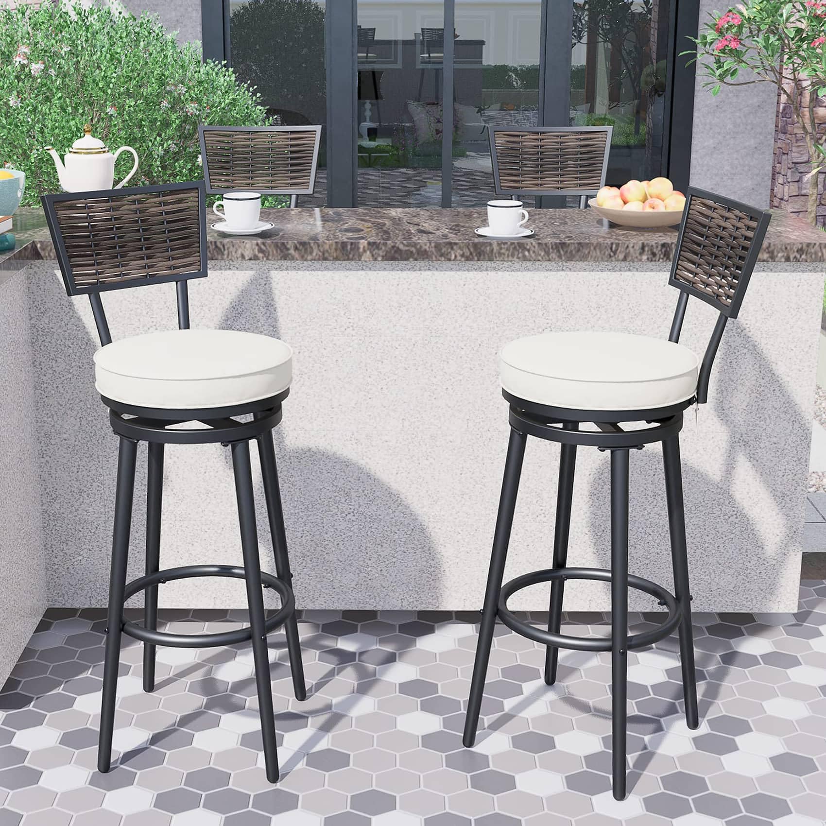 TOP HOME SPACE Patio Bar Stools Outdoor Swivel Bar Height Stool Chairs with Rattan Back Cushion for Deck Porch Backyard, Set of 4