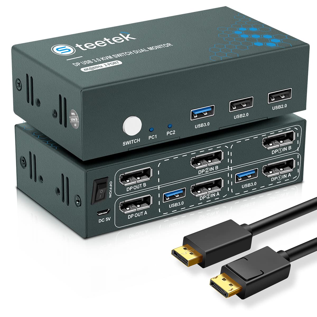 Steetek USB 3.0 DP KVM Switch Dual Monitor,4K@60Hz Extended/Mirror Display, Displayport KVM Switch 2 in 2 Out with USB 3.0,PC 2 Monitor Keyboard Mouse Switcher.Button Switch with 4 DP and 2 USB Cable