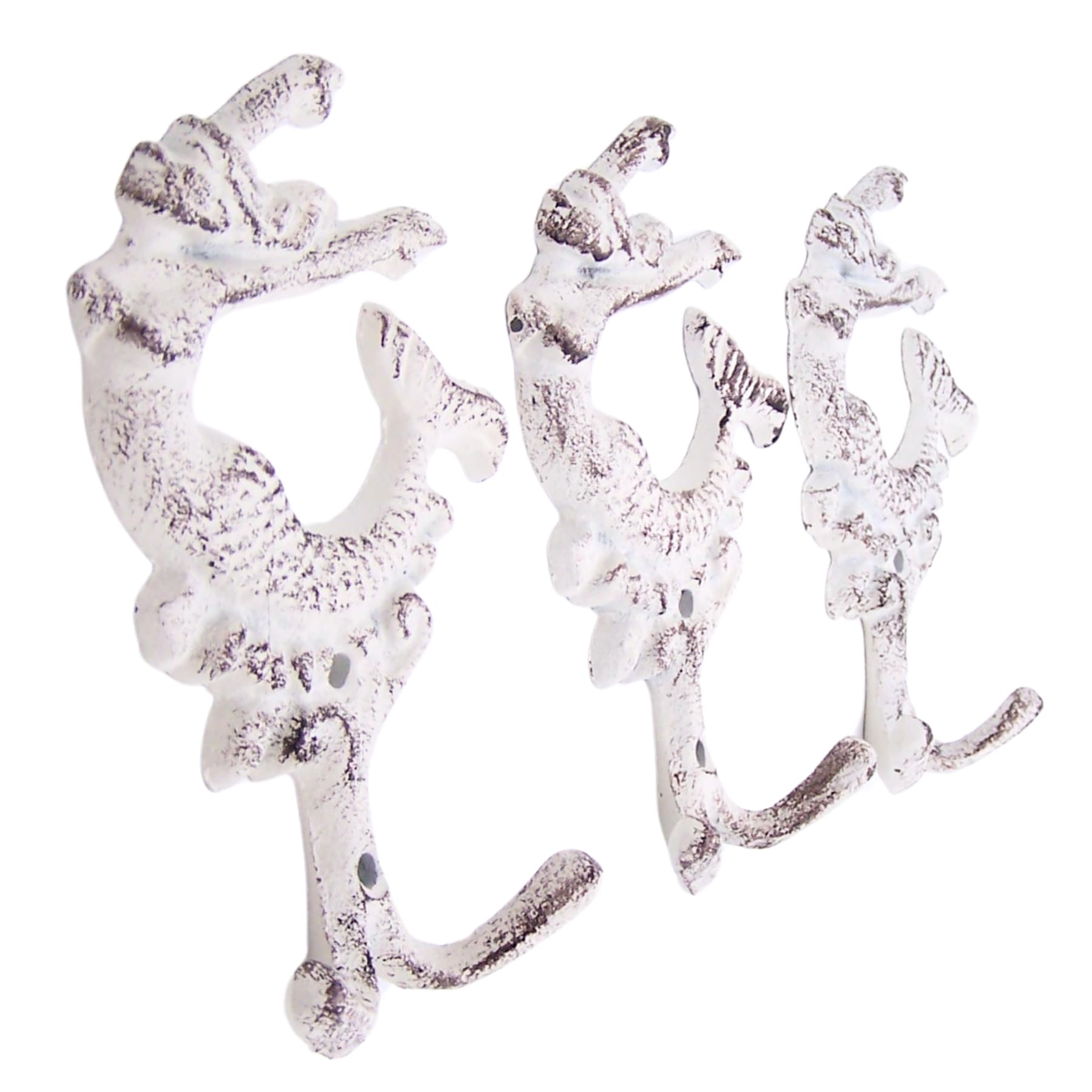 Wowser White Distressed Mermaid Cast Iron Double Wall Hooks, Nautically Themed Wall Décor, Set of 3, 5.5 Inches