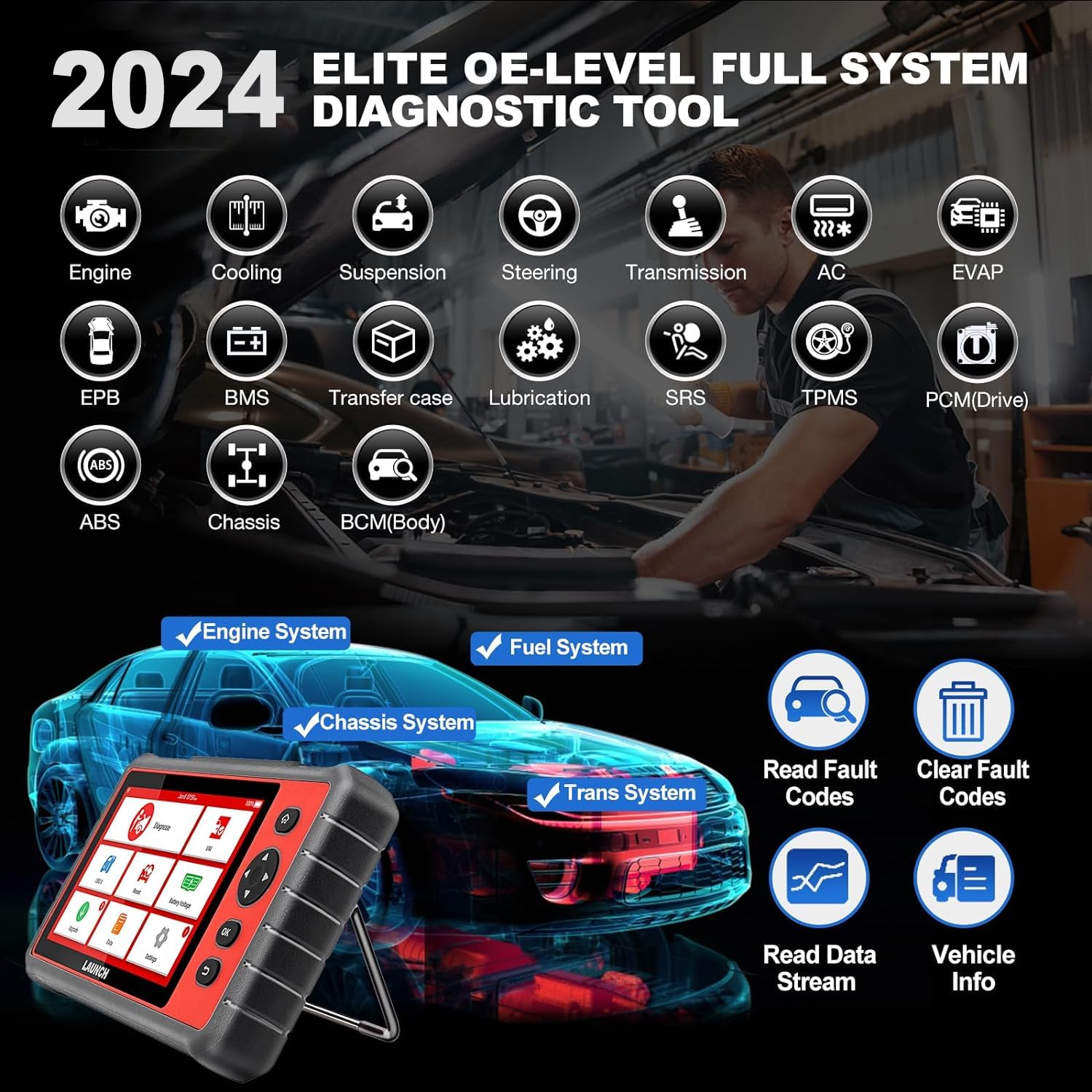 Launch OBD2 Scanner CRP909E Full Systems Scan Tool,2022 New Automotive Scanner 26 Reset Functions Code Reader WiFi Free Update,7" Touch Screen, Android 7.1,Auto VIN- EL-50448 Tool as Gift