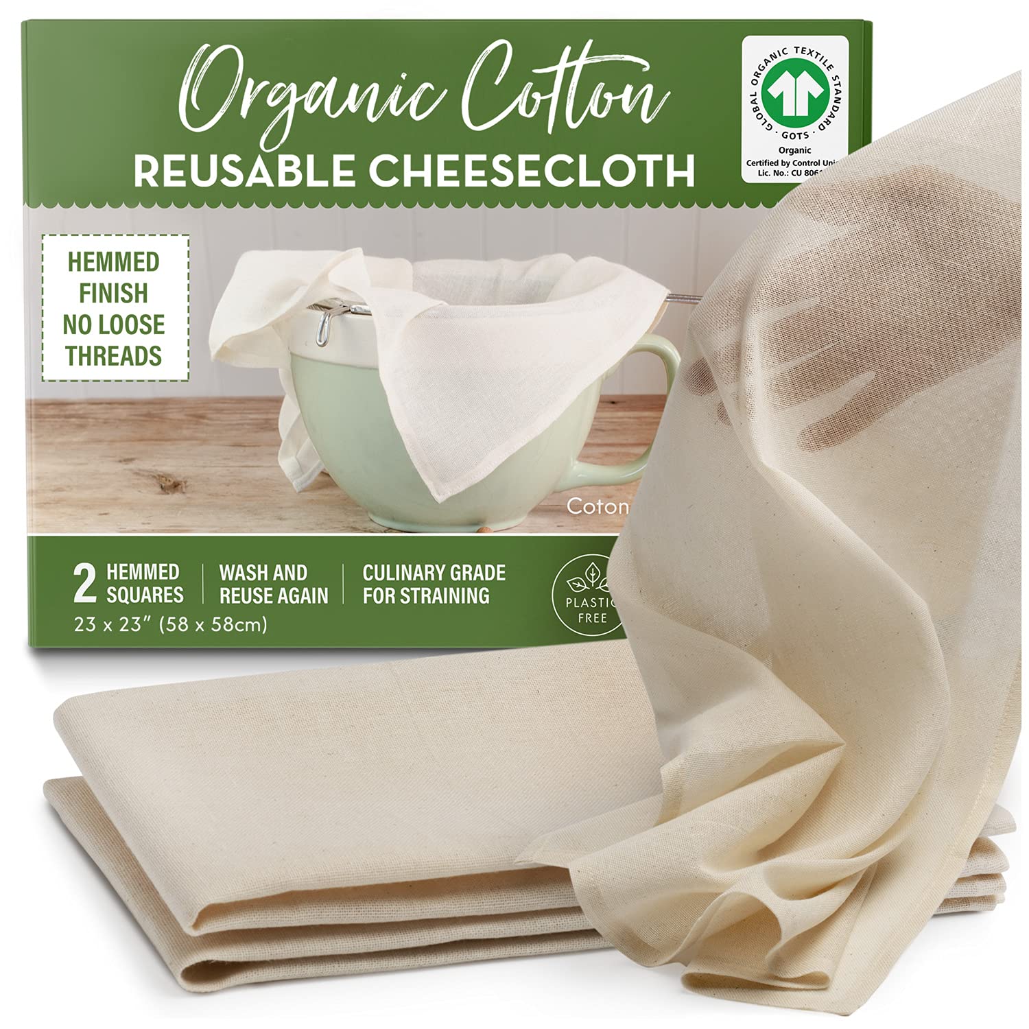 Organic Unbleached Cotton Cheesecloth for Straining - 2 Reusable Hemmed Squares, GOTS Certified, Fine Reusable Strainer – Large 23" x 23"