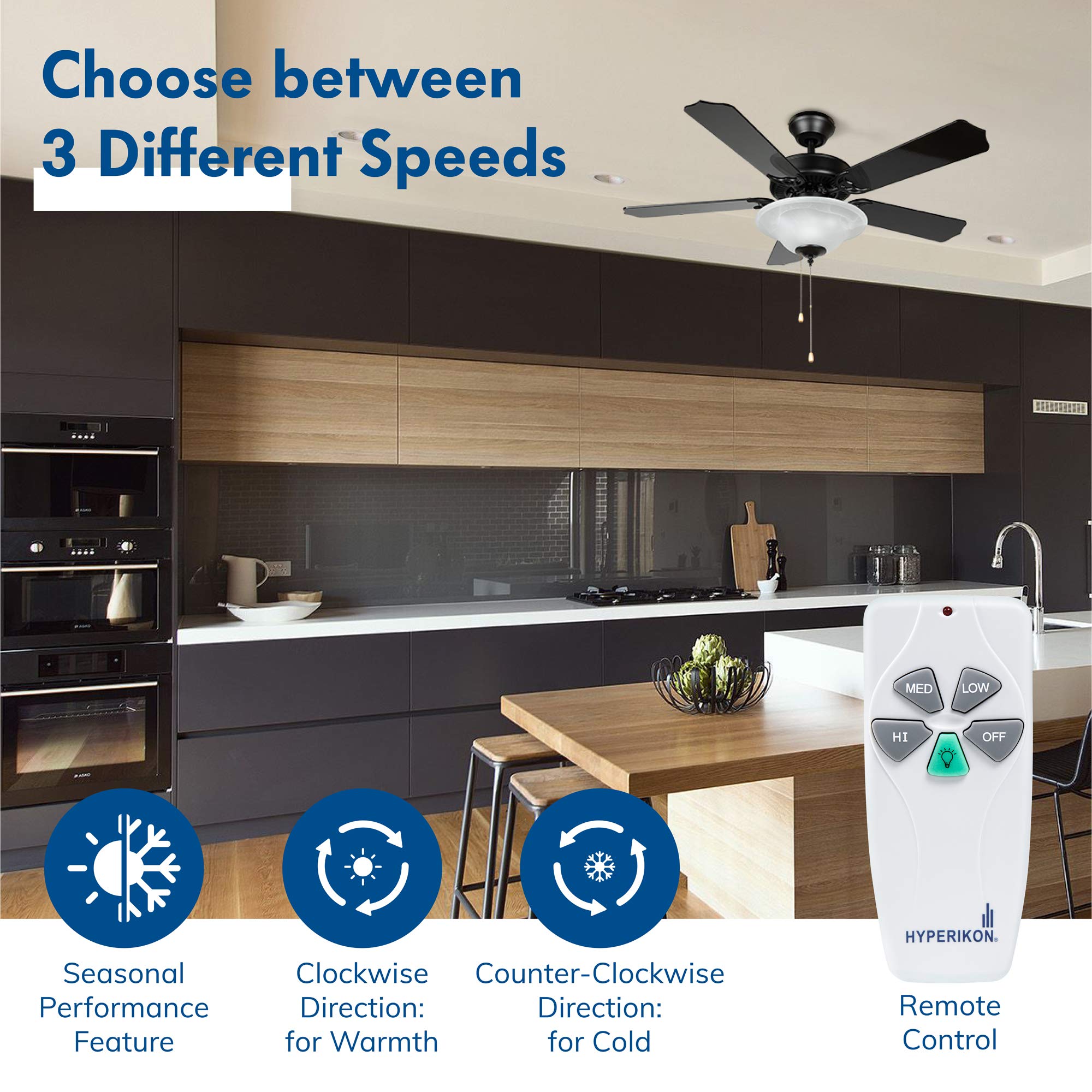 Hyperikon 42 Inch Ceiling Fan, 55W, Remote Control and Pull Chain, Black Fixture, 5 Blades, Frosted Dome Light, Black