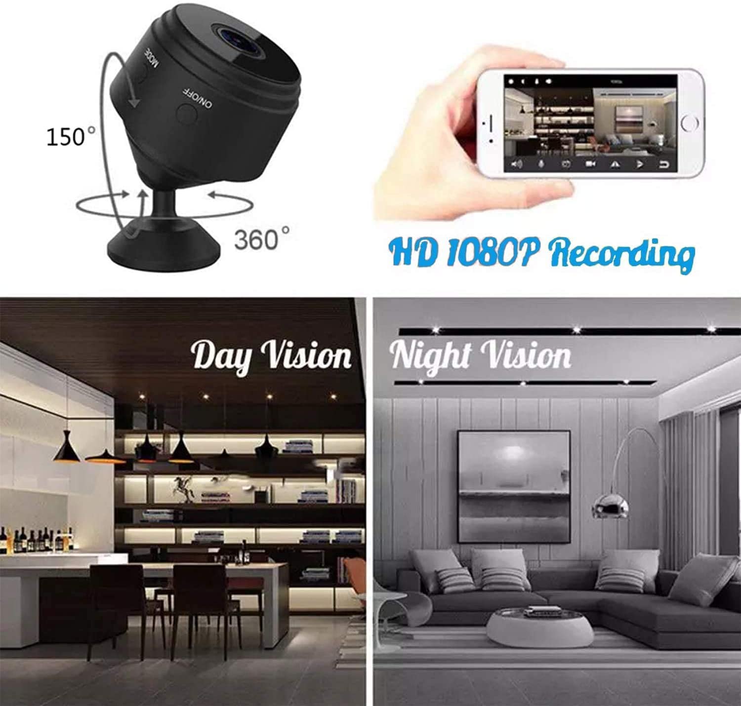 MDGLSYEE 2023MDGLSYEE Wireless Security Camera Mini Outdoor/Indoor with Audio,Hidden Camera,Home Surveillance Camera, 1080P IP HD Build-in Battery 350mah,Infrared Night Vision Dome Camera(Pack-3)