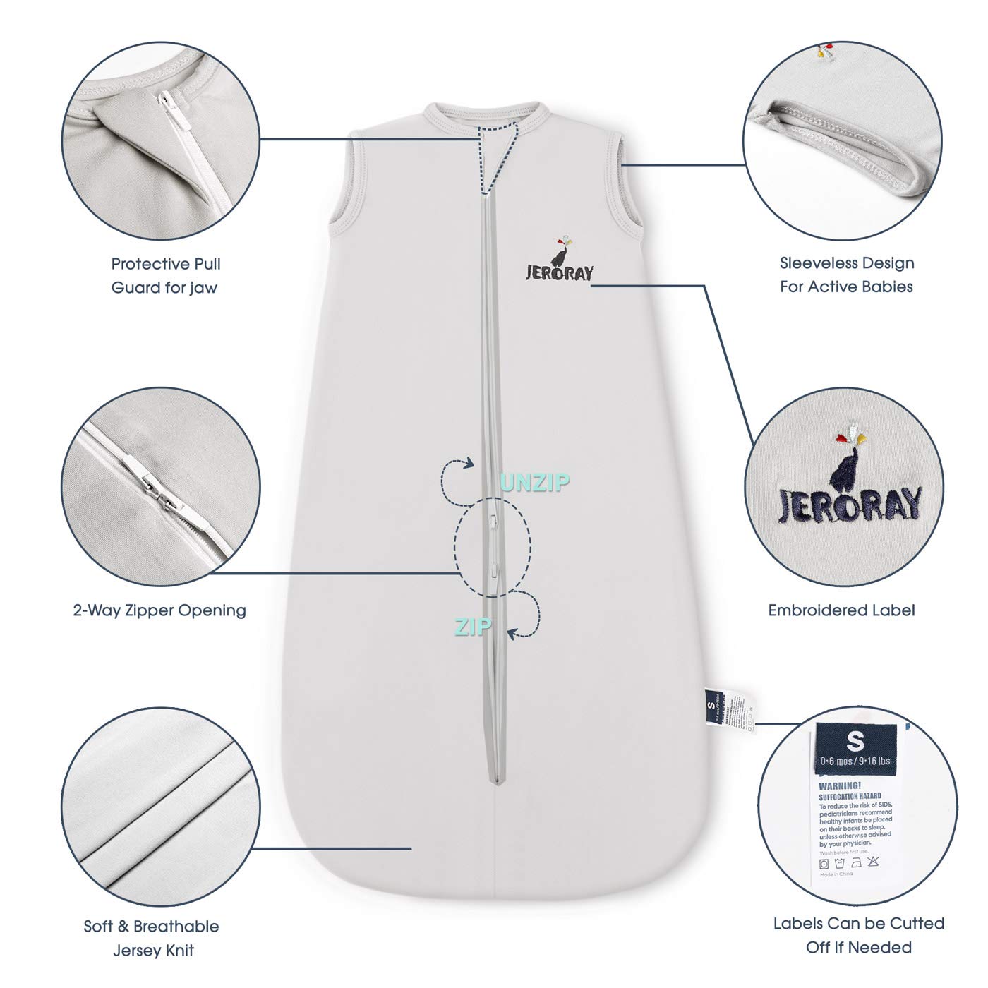 Jeroray Wearable Blanket-Stretchy Sleeping Bag,(6-12 Months) TOG 1.0,2-Pack,2 Way Zipper,Unisex,Dinosaur&Solid Grey,Medium