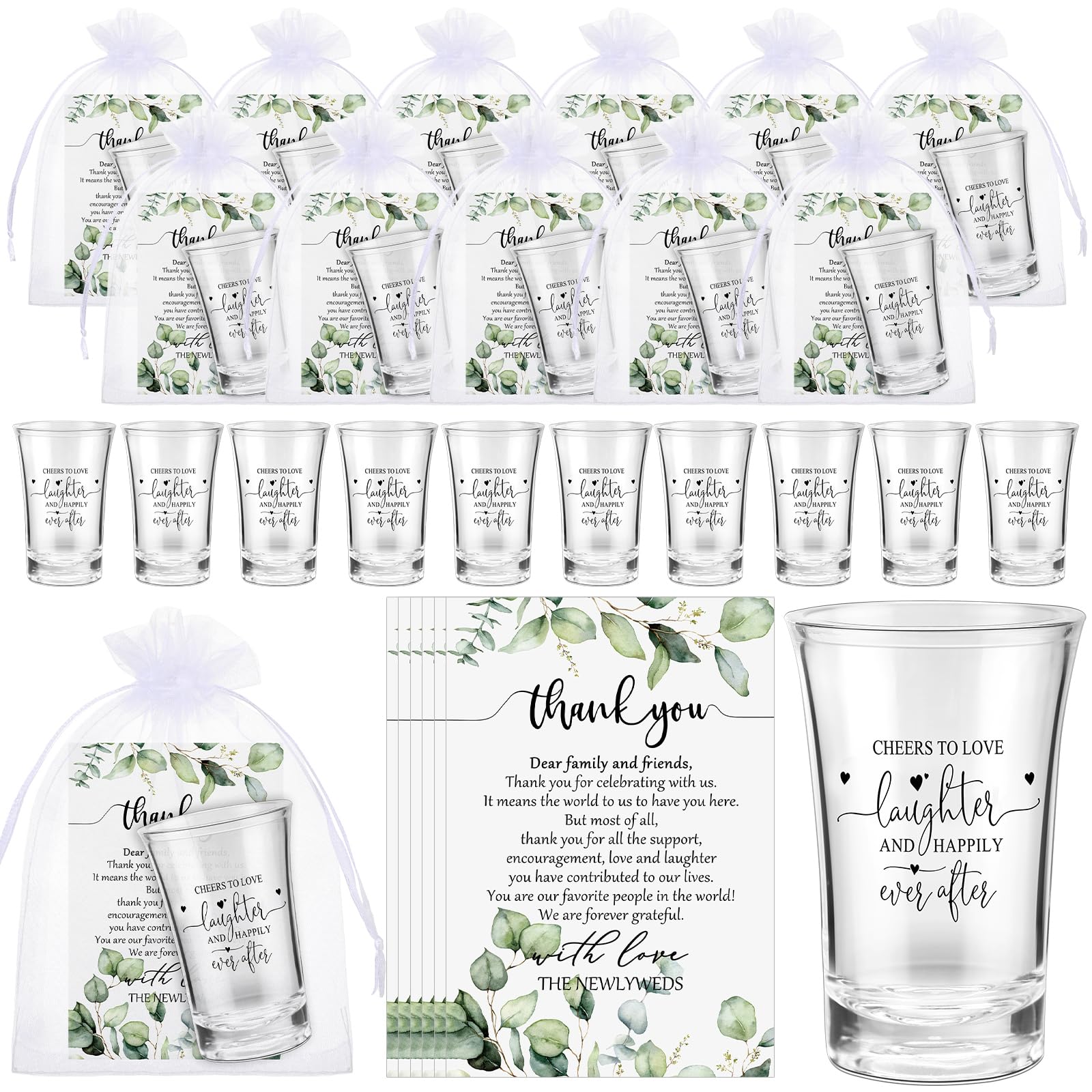 Uiifan 100 Sets Wedding Favors for Guests Acrylic Wedding Short Glasses Cheers to Love Clear Shot Glasses Wedding Wine Glasses with Thank You Cards Organza Bags for Wedding Party Souvenirs Gifts