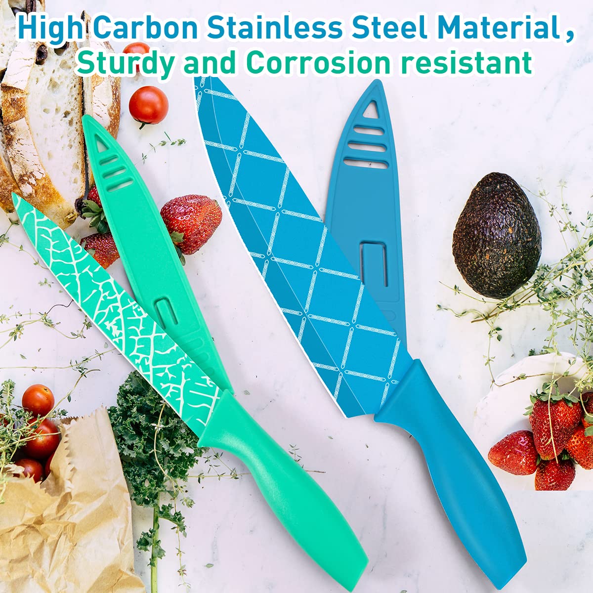 Mosheng Knife Set,5 Piece Colorful Knife Sets with Unique Non Stick Coating Surface,Stainless Steel Knives Set with Covers,Kitchen Knife Box Set,Chef Knife,Santoku Knife,Utility and Paring Knife