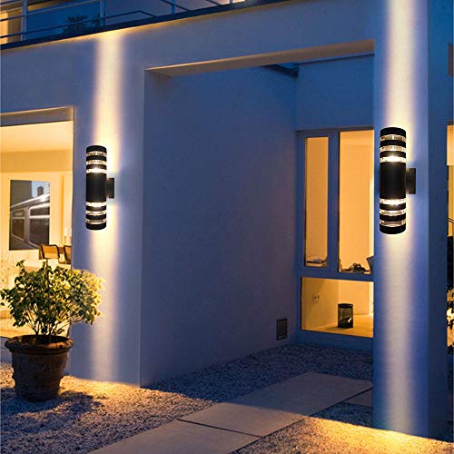 Outdoor Wall Sconce Porch Cylinder Light, Modern Exterior Up and Down Wall Light Waterproof with Aluminum of Matte Black Finish and Toughened Glass for Patio, Garage, E27 Base