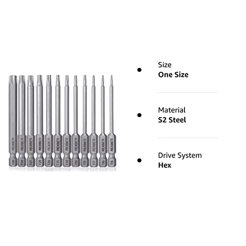 REXBETI 12 Piece Torx Head Screwdriver Bit Set, 1/4 Inch Hex Shank S2 Steel Magnetic 3 Inch Long Drill Bits, T5-T40 (Torx Head)